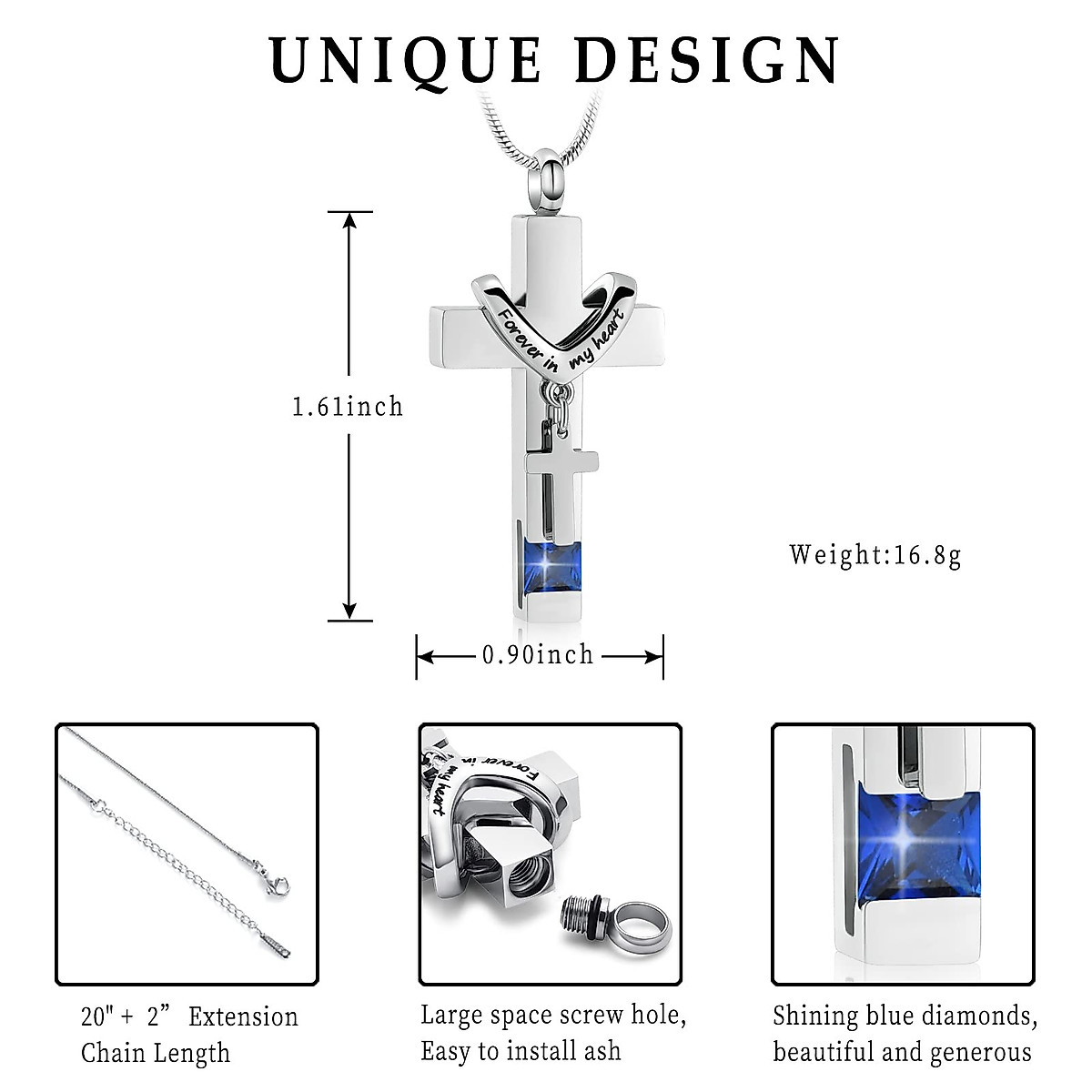 Forever in My Heart Birthstone Personalized Double Cross Urn Pendant Cremation Jewelry for Ashes Cross Ashes Keepsake (Silver-Blue)