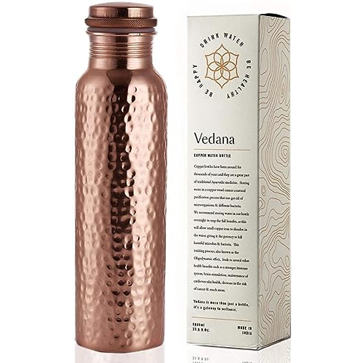 VEDANA Premium Hammered Ayurvedic Pure Copper Water Bottle | Leak Proof 1 Liter Copper Vessel for Drinking Water | Great Water Bottle for Sports, Yoga & Everyday Use