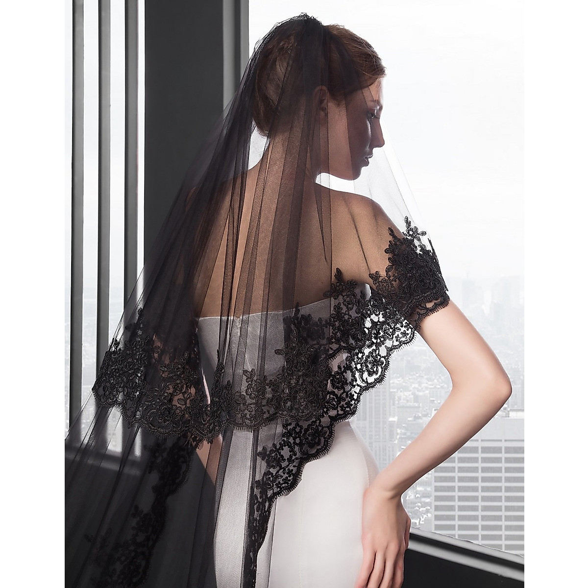 Cibelle Black Wedding Veil 2 Layers 3 Meters Long Lace Bridal Veil with Metal Comb