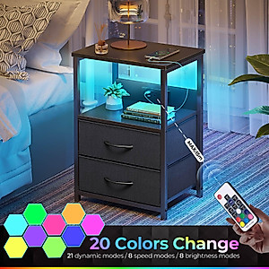 Seventable Nightstand with Charging Station, Bedside Table with LED Lights, Night Stand with 2 Fabric Drawers, 3-Tier Storage End Table for Bedroom, Black