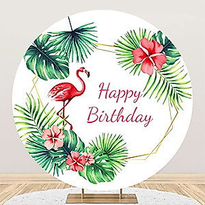 AWERT Polyester Diameter 5ft Flamingo Birthday Round Backdrop Summer Tropical Hawaiian Floral Plam Flower Photography Background Boy Girl Party Baby Shower Decorations Photo Booth Props