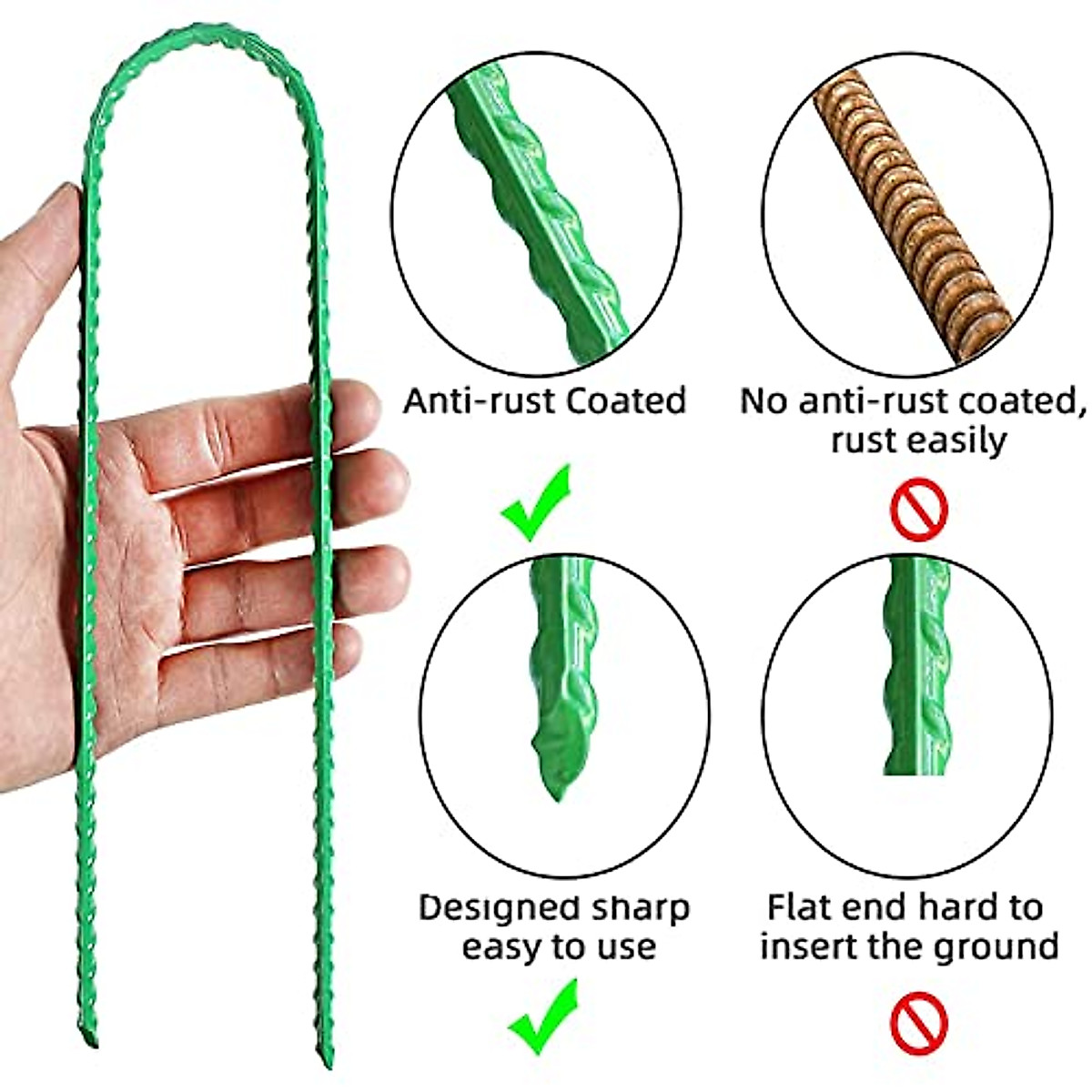 EISENSP 8pcs Ground Rustproof Heavy Rebar Trampoline Wind Stakes Safety Ground Anchor - 9 inch Curved Steel Stakes with Chisel Point end, Green Antirust Coated