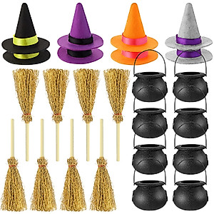 24 Pcs Halloween Mini Witch Hats, Mini Broom, Candy Cauldron Kettles, Halloween Decorations Witch Craft Miniatures Wizard Accessory, St Patrick's Day, Wizard Theme Party Decorations