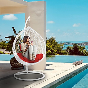 J.M.Deco Patio Swing Chair with Stand, Egg Chair with Support Frame, Hammock Chair Swing Wicker Plastic for Indoor, Outdoor, Garden, Backyard & Patio (White+Red)