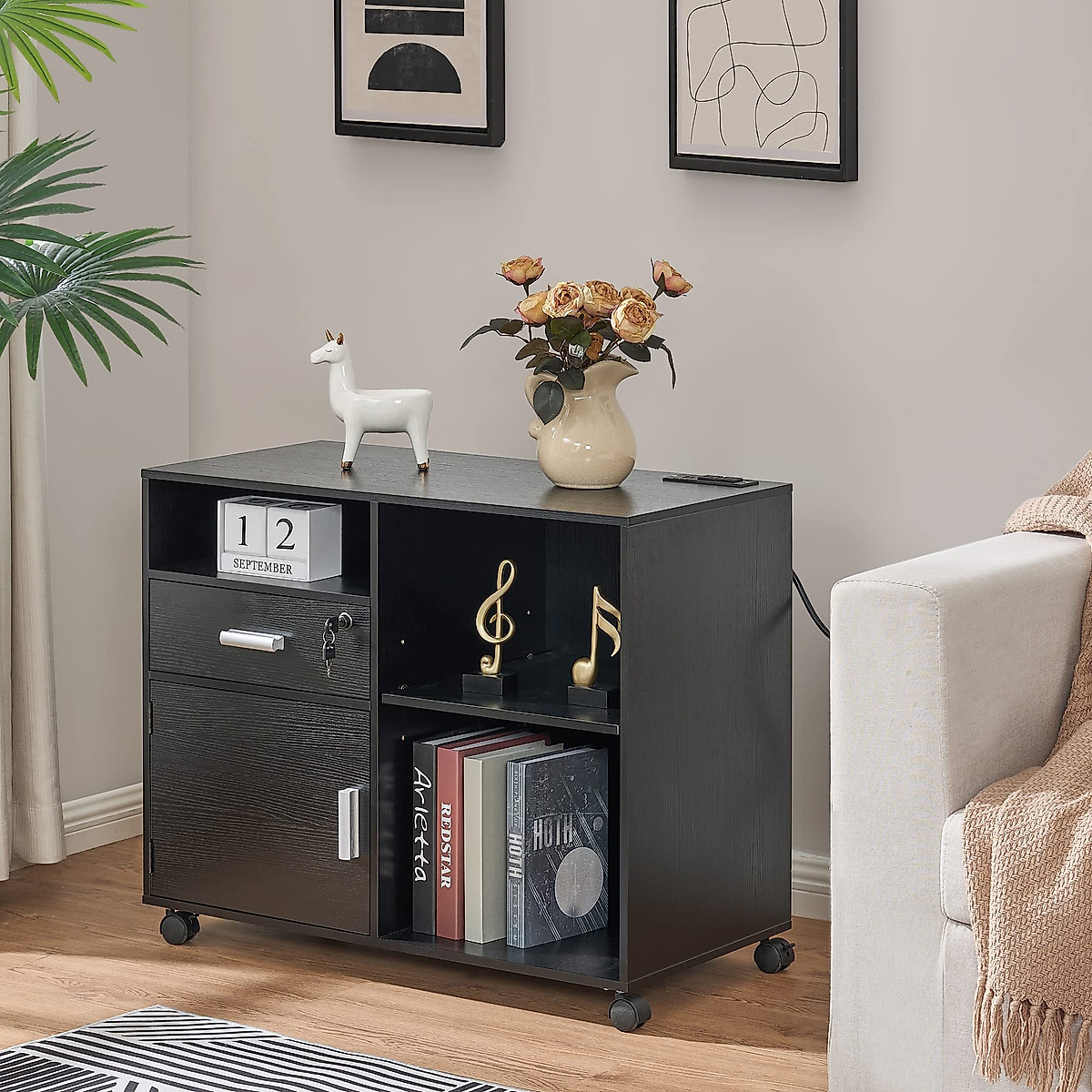 ANWBROAD Mobile File Cabinet with Charging Station & USB Ports, Rolling Printer Stand Filing Cabinets Lockable Storage Cabinet with Open Storage Shelves Drawers Home Office UBJG001H