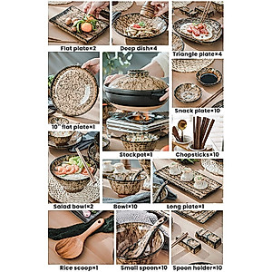 Porcelain Plate and Bowl Set,Dinnerware Set for Home or Special Restaurant, Ceramics Dinner Sets, 66 Pieces Leopard Glaze Porcelain Dinnerware Set | Japanese-Style Steak Plate Cereal Bowl and Soup Bo