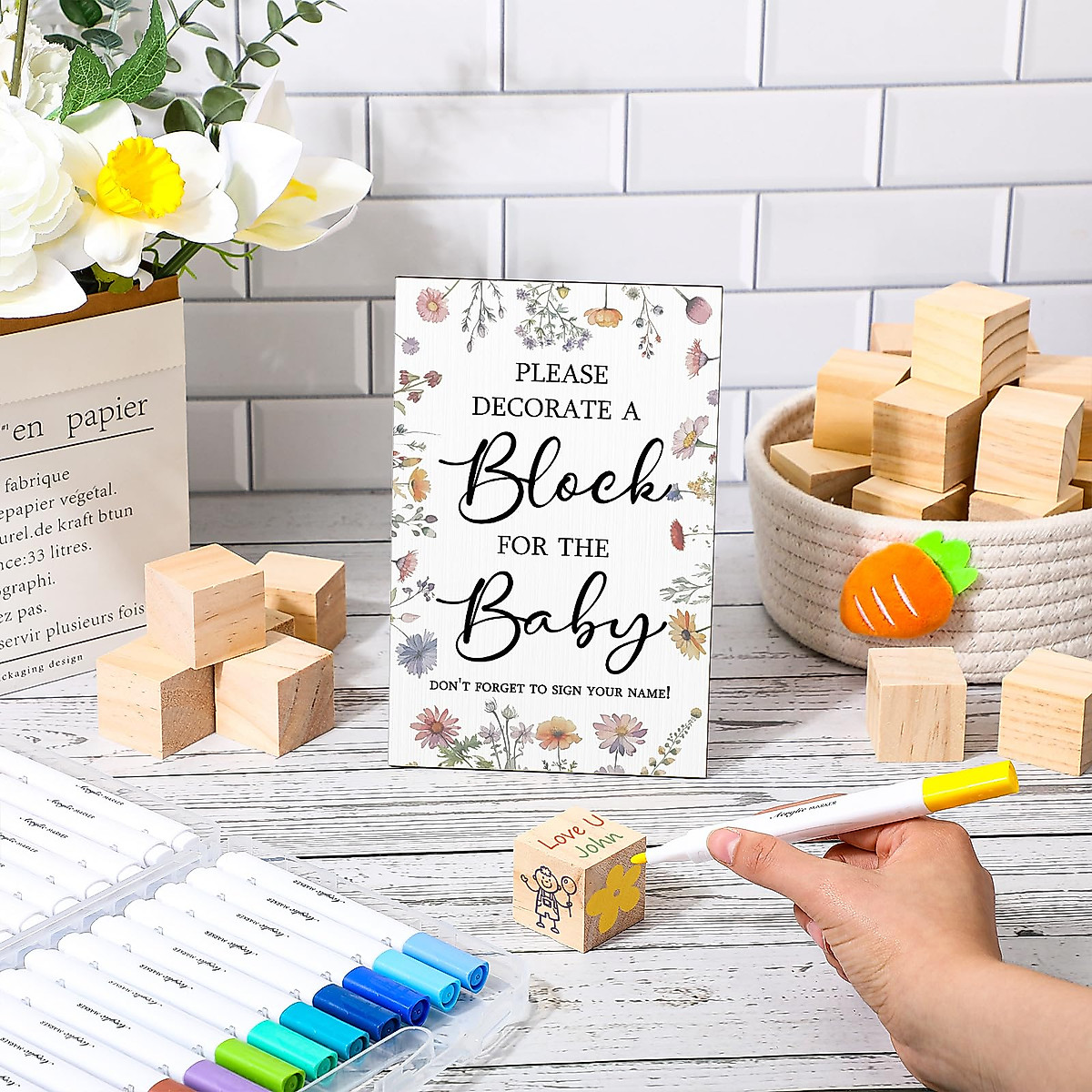 Qilery 75 Pcs Baby Shower Games Sign Kit Including Wildflower Game Sign Wooden Table Sign 50 DIY Blank Wooden Block 24 Acrylic Paint Marker Baby Shower Prize for Winners Gender Reveal