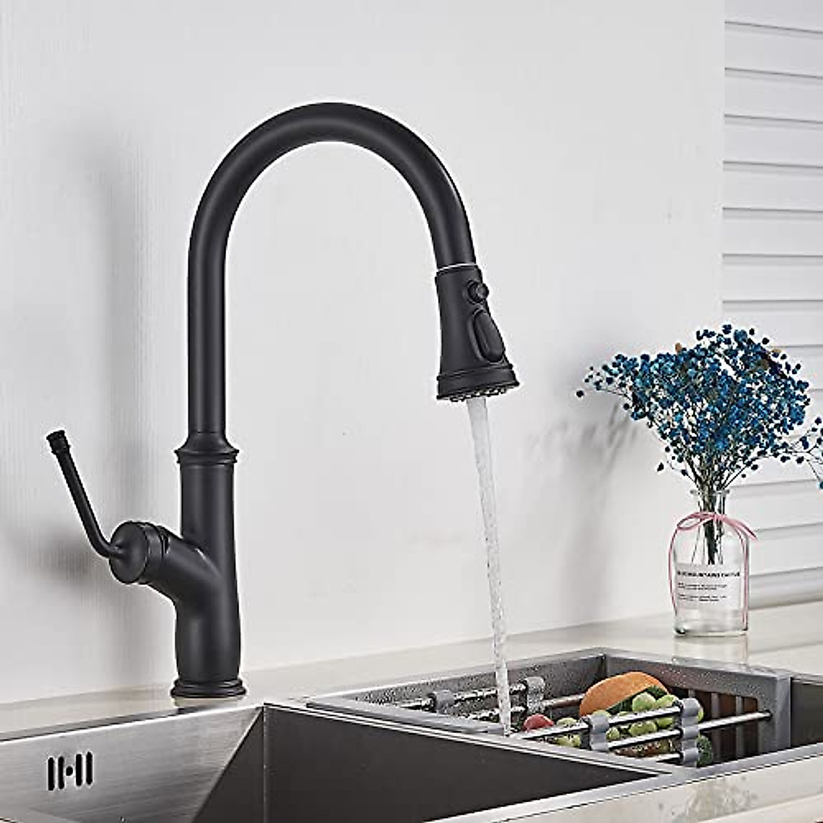 Kitchen Sink Faucet for Bar Farmhouse Commercial, Black Kitchen Faucet, 2-Way Pull Out Hot Cold Mixer Crane Tap, Free Rotatable Deck Mounted Single Handle One Hole Facuets (Color : Black)