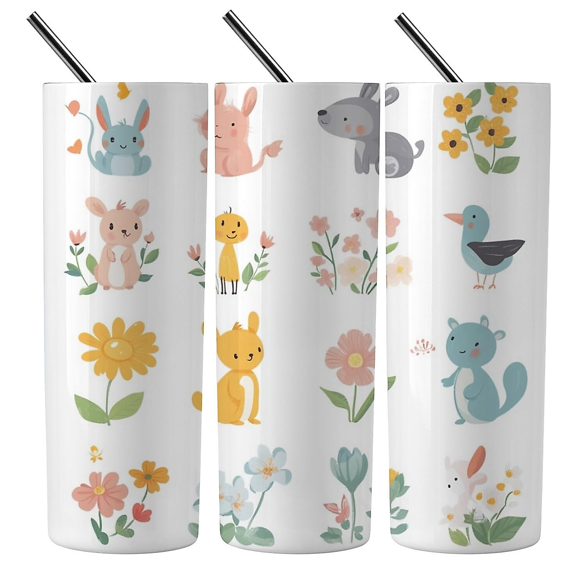 Tumbler with Lid and Straw Cute Cartoon Animals and Plants Thermos Coffee Travel Mug Cute Cups 20 oz Insulated Tumbler for Daily Holiday Decor Gift Coffee Cup