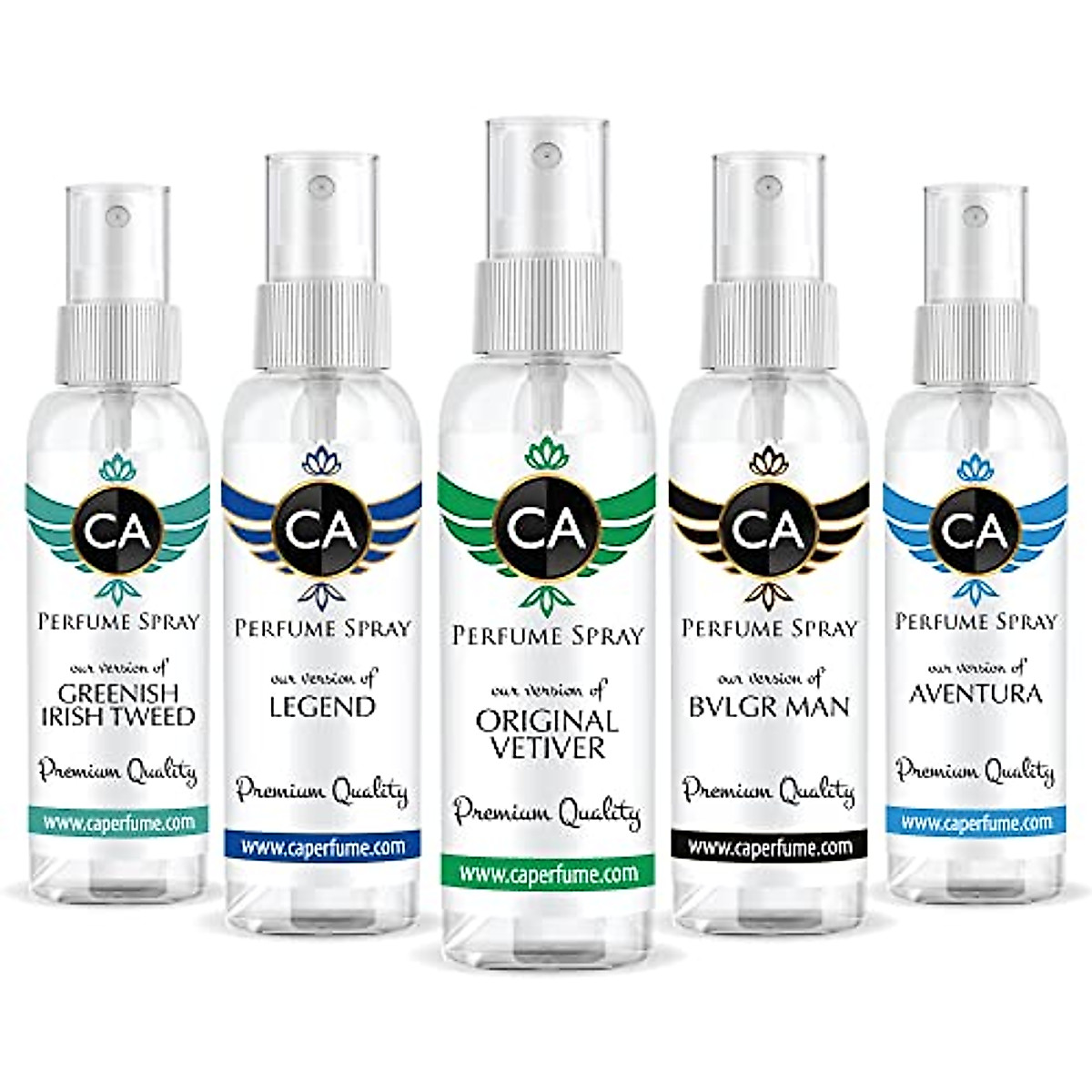 CA Perfume Niche Men Set Impression of ( Aventura + Greenish Irish Tweed + Original Vetiver + Legend + Bvl. Man ) Fragrance Sample Travel Size Parfum Sprayer ( 2 Fl Oz/60 ml) x 5