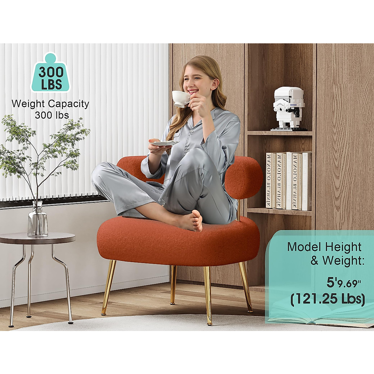 SEYNAR Mid Century Sherpa Boucle Accent Chair, Round Upholstered Barrel Arm Chair for Small Spaces, Fluffy Side Corner Sofa Chair for Living Room, Bedroom, Vanity, Office, Reading Nook(Orange)