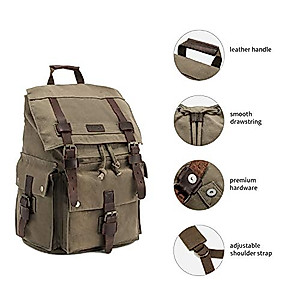 Kattee Men's Canvas Leather Hiking Travel Backpack Army Green