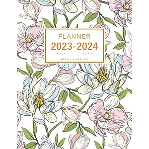 Planner July 2023-2024 June: 8.5 x 11 Weekly and Monthly Organizer | Magnolia Flower Garden Design White