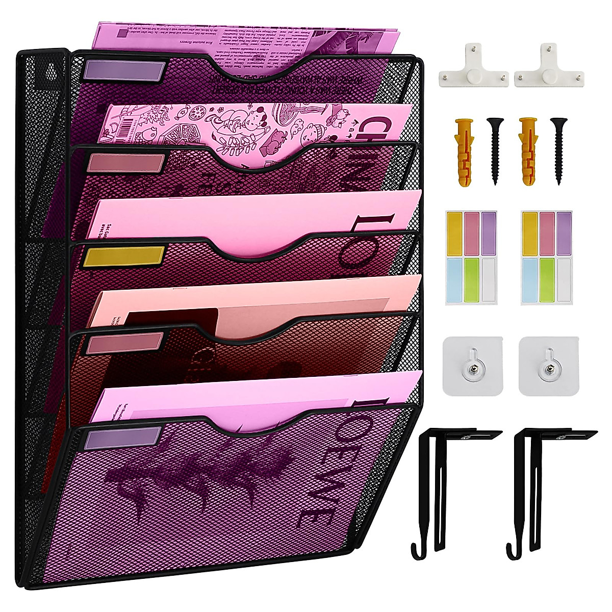 ideallife 5 Pockets Mesh Wall File Holder Organizer Office Hanging File Folder Magazine Rack, Nametag Label Hooks Set Included, Black