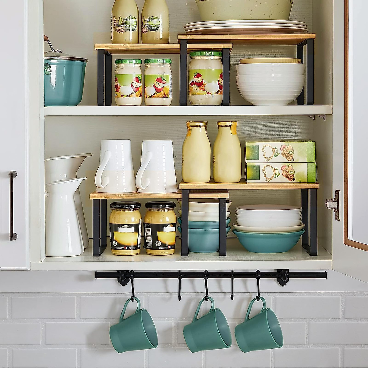 YONDERLIVICE Cabinet Shelf Organizers, Set of 2 Stackable Cabinet Organizers, Kitchen Counter Organizer, Expandable Spice Racks, Metal and Bamboo, Black and Natural