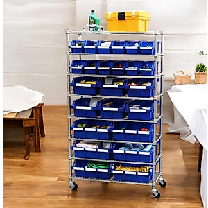 Heavy-Duty Steel Wire Shelving Storage Unit, 24-bin Rack with Wheels (Blue)