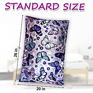 Silk Satin Pillowcase for Hair and Skin Soft Satin Pillow Cases Standard Size Pack of 2, Wrinkle, Fade-Resistant with Envelope Closure (20’’x26’’, Purple, Butterflies & Flower)