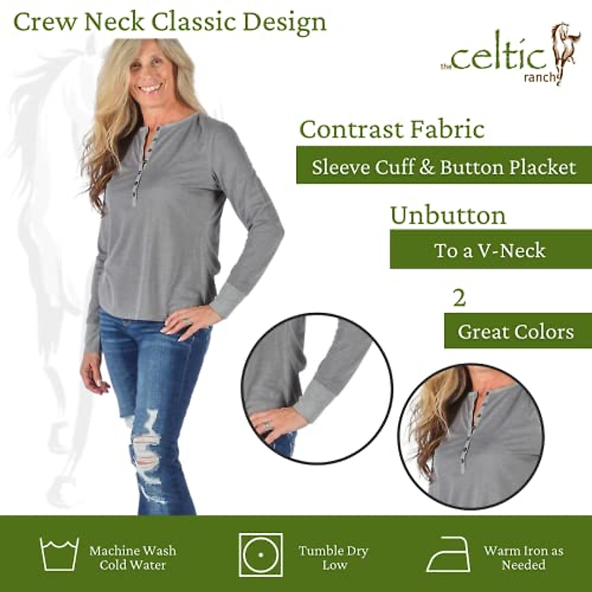 The Celtic Ranch Women's Long Sleeve Waffle Knit Henley, Crew Neck That Buttons Open to V-Neck, Contrast Fabric Sleeve Cuffs (Grey, Small)