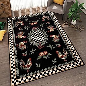 Soyalie Vintage Rooster Plaid Rug for Hallway Non-Slip Farm Henhouse Print Carpet Art Cherry Floor Mat Abstract Chicken Rugs Indoor Door Mat 2'x3'