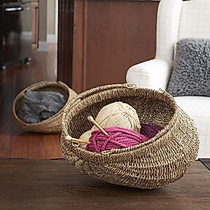 Household Essentials Brown Set of 2 Small Woven Wicker Storage Baskets with Handles | Natural Seagrass