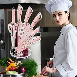 YF-TOW Knife Block Set, Kitchen Knife Set with Stand, 9 PCS Pink Sharp Stainless Steel Knife Set with Chef Knife,Bread Knife,Carving Knife,Scissors and Knife Sharpener (Pink)