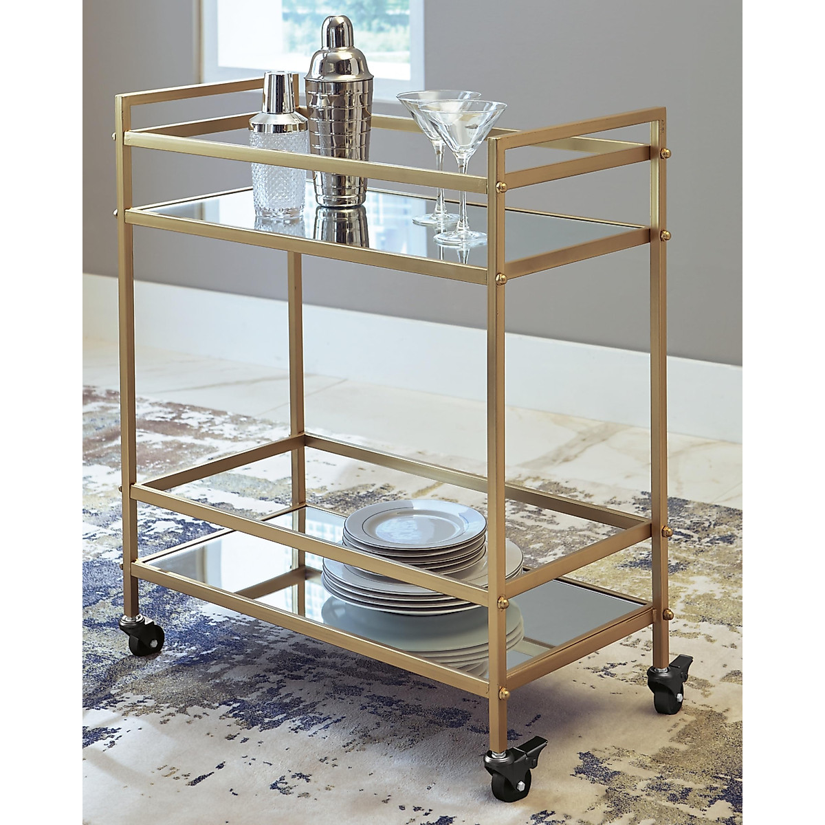 Signature Design by Ashley Kailman Modern Glam Mirrored Metal Bar Cart with Casters, 32", Gold Finish