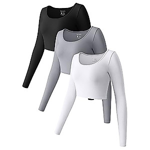 OQQ Women's 3 Piece Shirt Long Sleeve Round Neck Stretch Fitted Underscrubs Layer Crop, Black,grey,white, Medium