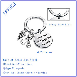 BEKECH Veterinarian Gift Veterinary Technician Gift with God All Things are Possible Keychain with Caduceus Stethoscope Charm Vet Tech Jewelry Animal Rescue Gift (Silver)