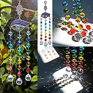 Hanging Crystals Suncatcher Ornament with Hamsa Hand Evil Eye Charm Pendant Stained Glass Beads for Window Garden Decoration