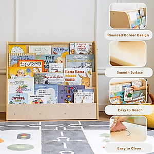 kidi house Single-Sided Kids Bookshelf Montessori Bookshelf Wooden 4-Tier Shelves Birch Book Display Shelf Easy Reach Baby Toddler Bookshelf for Nursery Classroom Kids Room Playroom Living Room