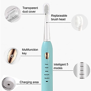 AIPOEXUNO Electric Toothbrush 5 Brush Heads Adults and Kids, Rechargeable Sonic Toothbrush, 5 Modes Optional, USB Fast Charge Powered Toothbrush Last 30 Day,2 Minute Smart Timing Reminder (Bule)