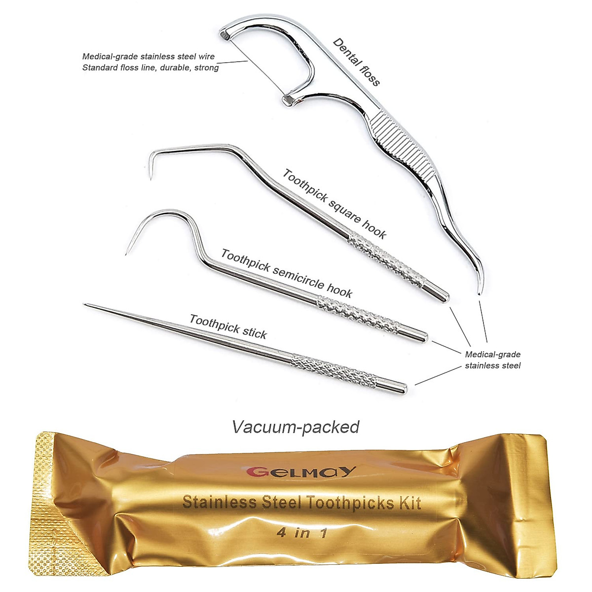 GELMAY Portable Toothpicks Pocket Set, Dental Floss Picks, Reusable Flosser, Travel Tooth Picker, Flossers for Adults, Stainless Steel Teeth Cleaning Kit