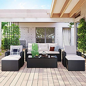 MENGK 6-Piece All-Weather Wicker PE Rattan Patio Outdoor Dining Conversation Sectional Set with Coffee Table, Wicker Sofas, Ottomans, Removable Cushions (Black Wicker, Beige Cushion)