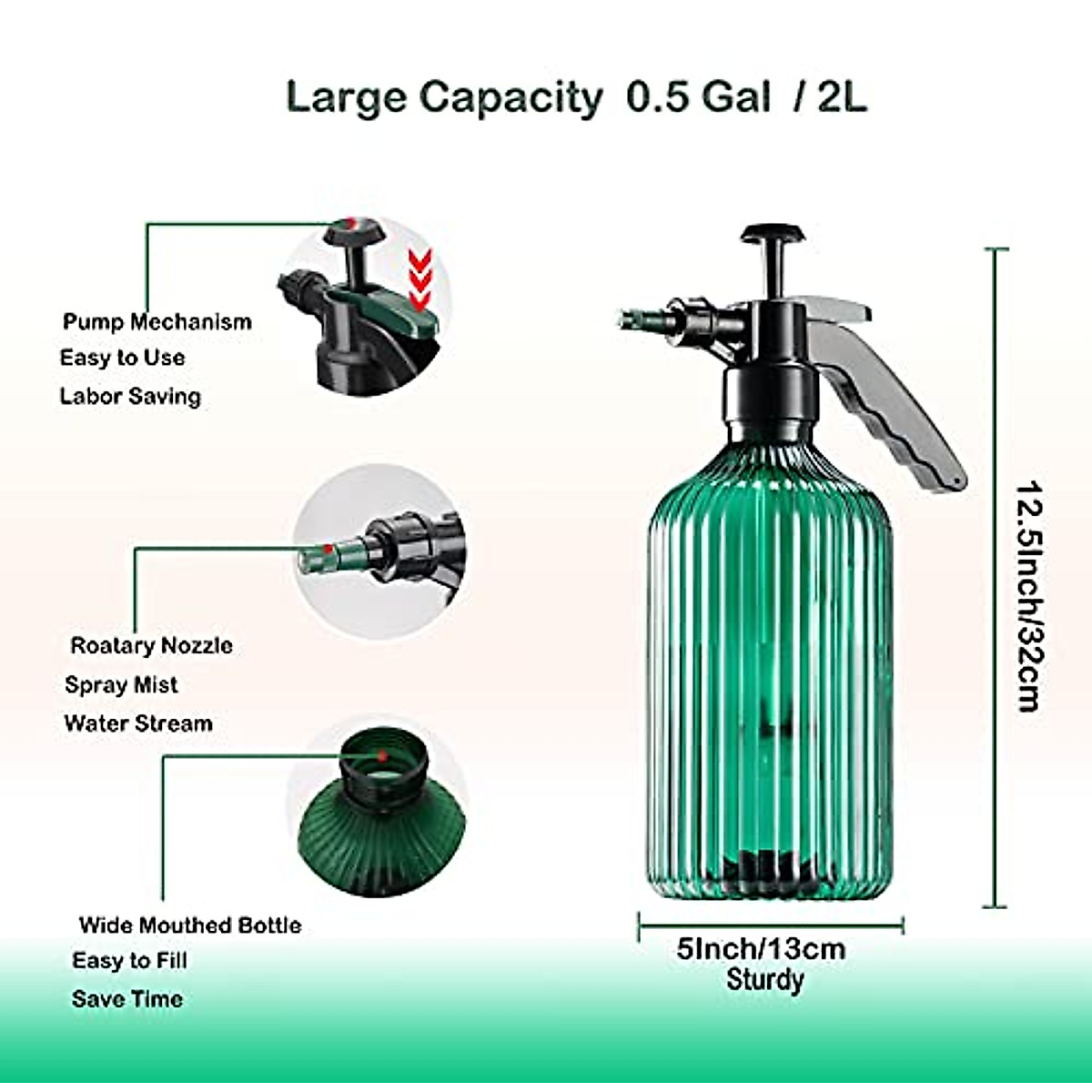 HIOVIOSS 2L Large Green Plants Mister Spray Bottle Handheld Pump Sprayer Retro House Watering Mist for Indoor Garden Care