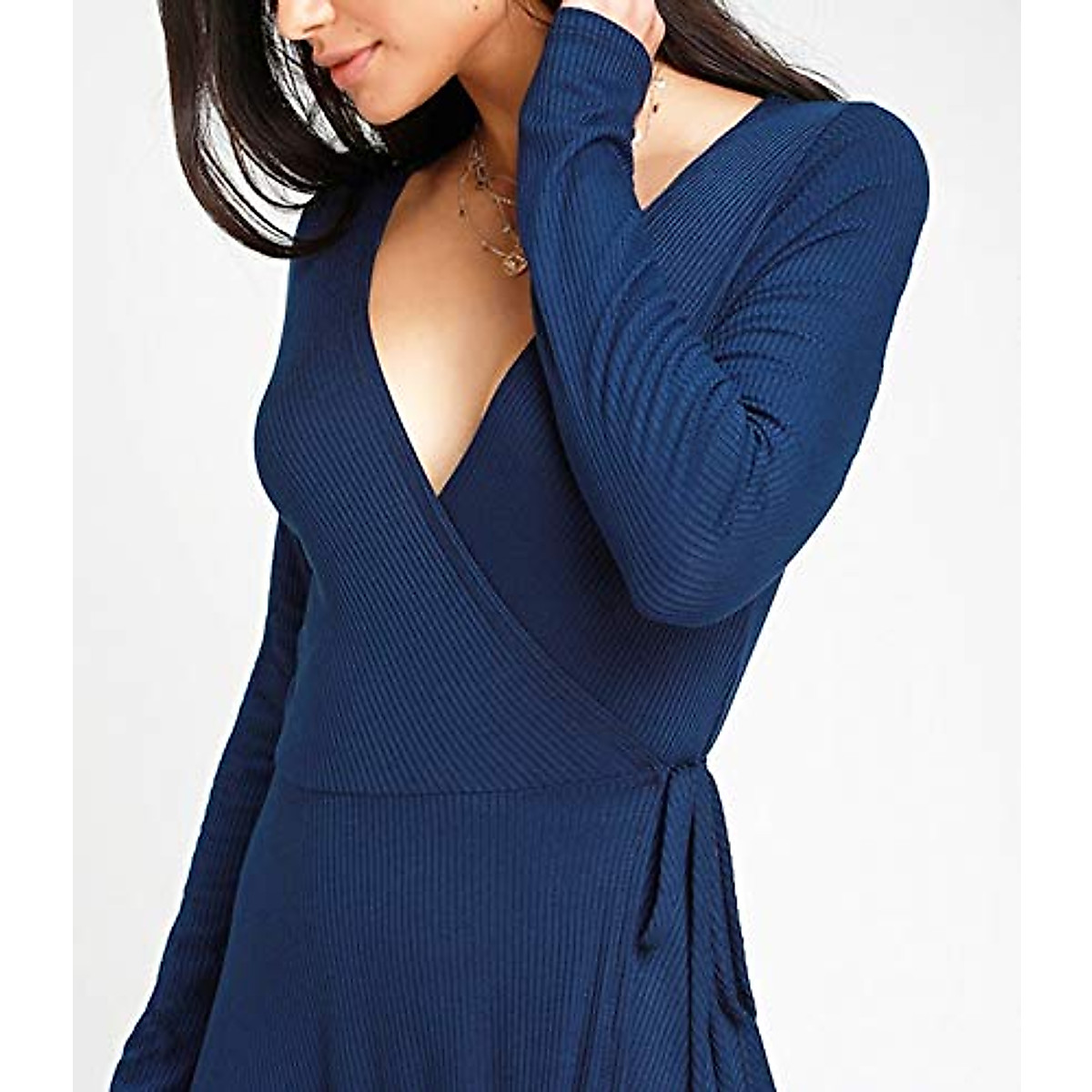 R.Vivimos Women Spring Autumn Long Sleeve Sweater Knitted Slim Elastic V Neck Sexy Midi Wrap Dresses （Large, Navy Blue）