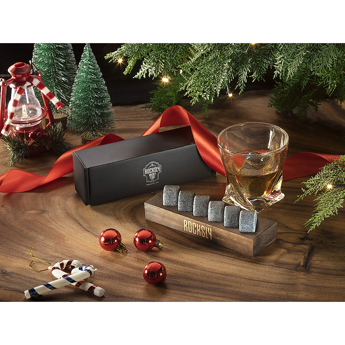 ROCKSLY Whiskey Stones Gift Set for Men | Whiskey Rocks Chilling Stones Set of 6 | Reusable Ice Cubes Chilling Rocks in a Wood Tray for Whiskey Lovers,Christmas, Men, Dad, Boyfriend