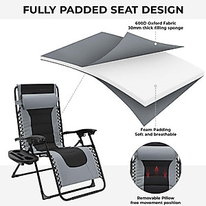 MAMIZO Padded Zero Gravity Chair, Set of 2 Foldable Outdoor Patio Recliner, Anti Gravity Adjustable Lounger w/Removable Pillows and Cup Holder Side Tables, 350 LBS (Grey)
