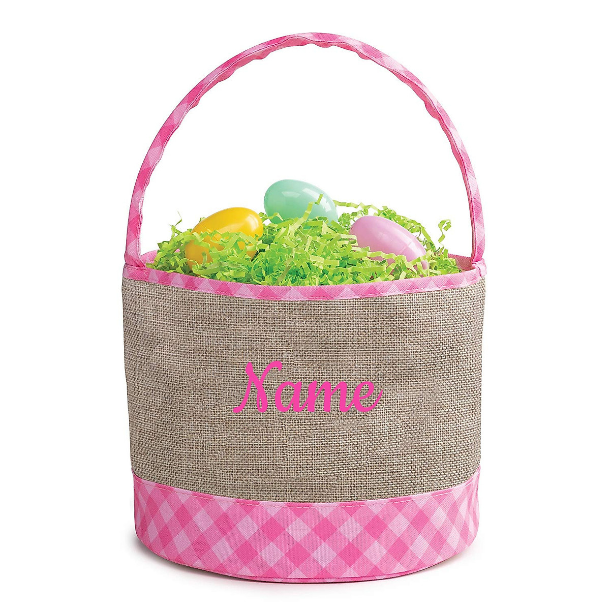 Personalized Easter Bucket Bag with Custom Cursive Name | Pink Plaid Burlap Easter Bag with Handle | Egg Basket for Kids | Customized Easter Basket | Great for Book and Toy Storage