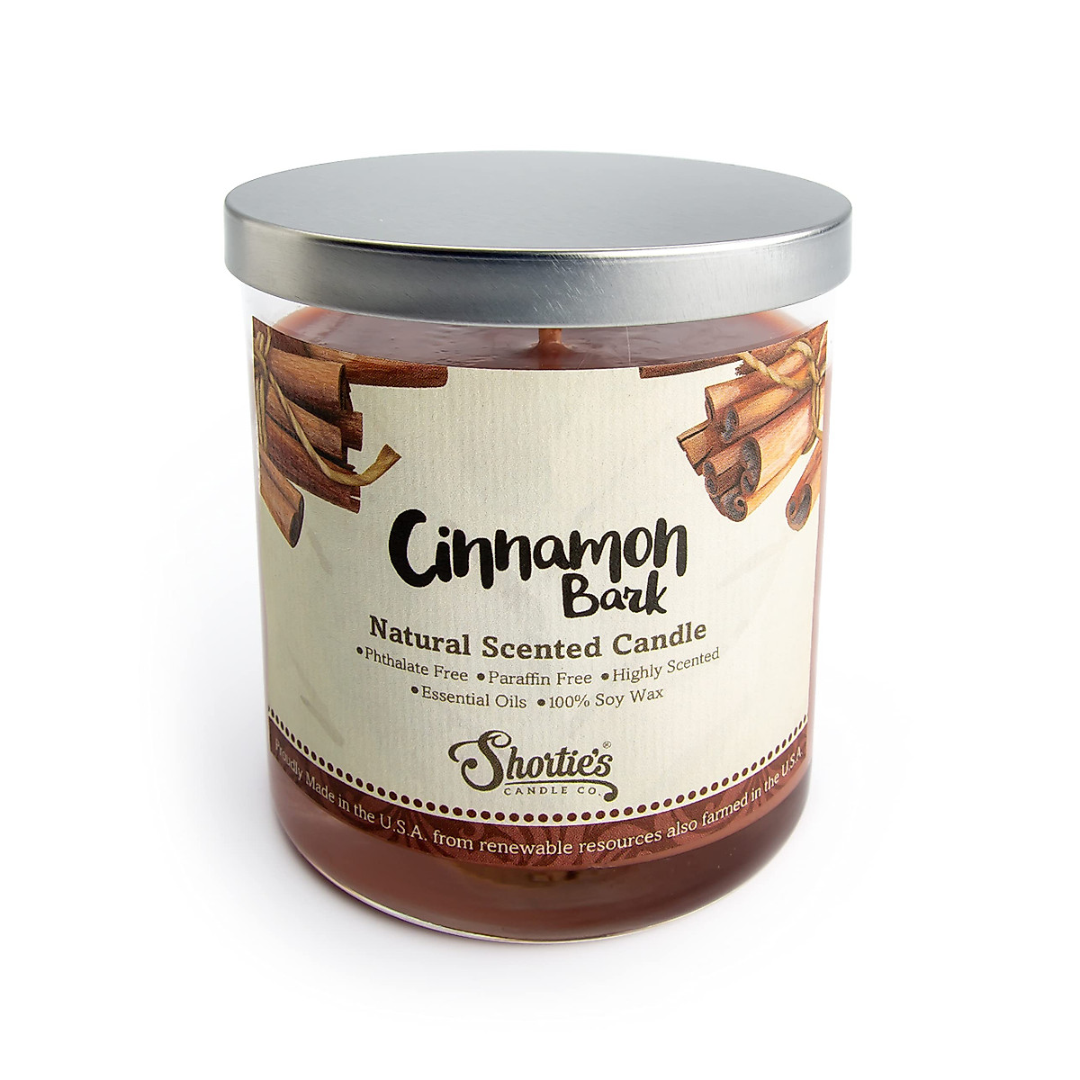 Cinnamon Bark Scented Natural Soy Candle, Essential Fragrance Oils, 100% Soy, Phthalate & Paraben Free, Clean Burning, 9 Oz.