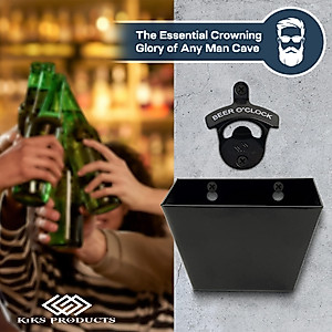 Beer O'Clock Wall Mounted Bottle Opener and Bottle Cap Catcher Bundle, Wall Mounted Beer Opener, Beer Accessories for Men and Women, Father's Day Gifts, Stainless Steel Bottle Openers for Kitchens