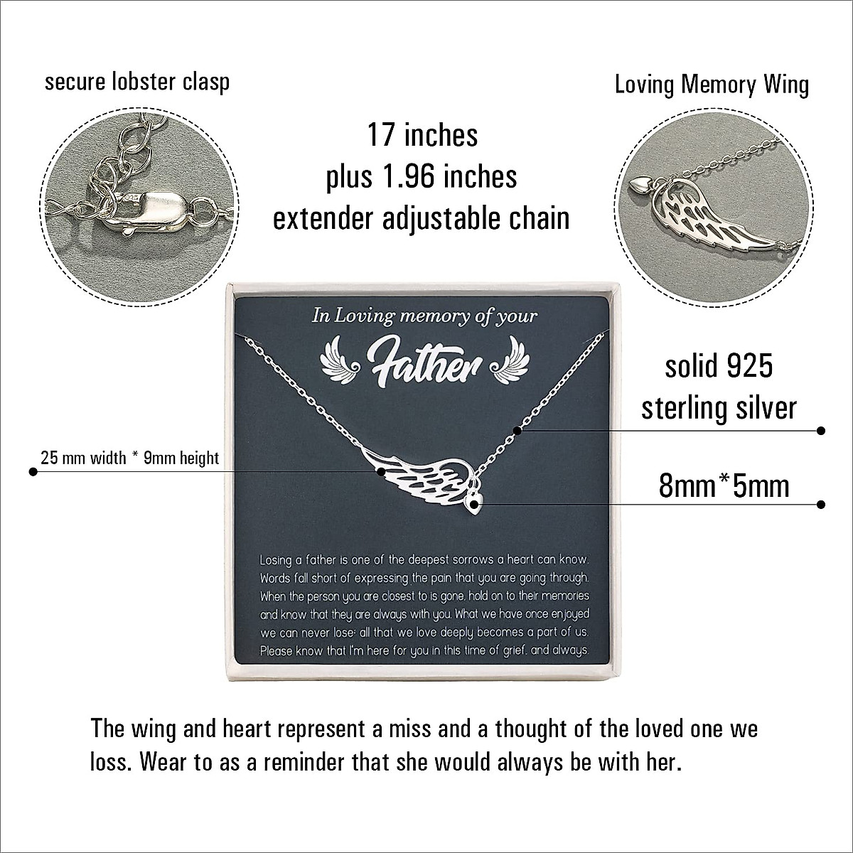 RareLove Sympathy Gifts for Loss of Father,Bereavement Condolence Gifts,Remembrance Gifts,925 Sterling Silver Angel Wing Heart Pendant Necklace,Sorry for Your Loss Gift Memorial Gifts