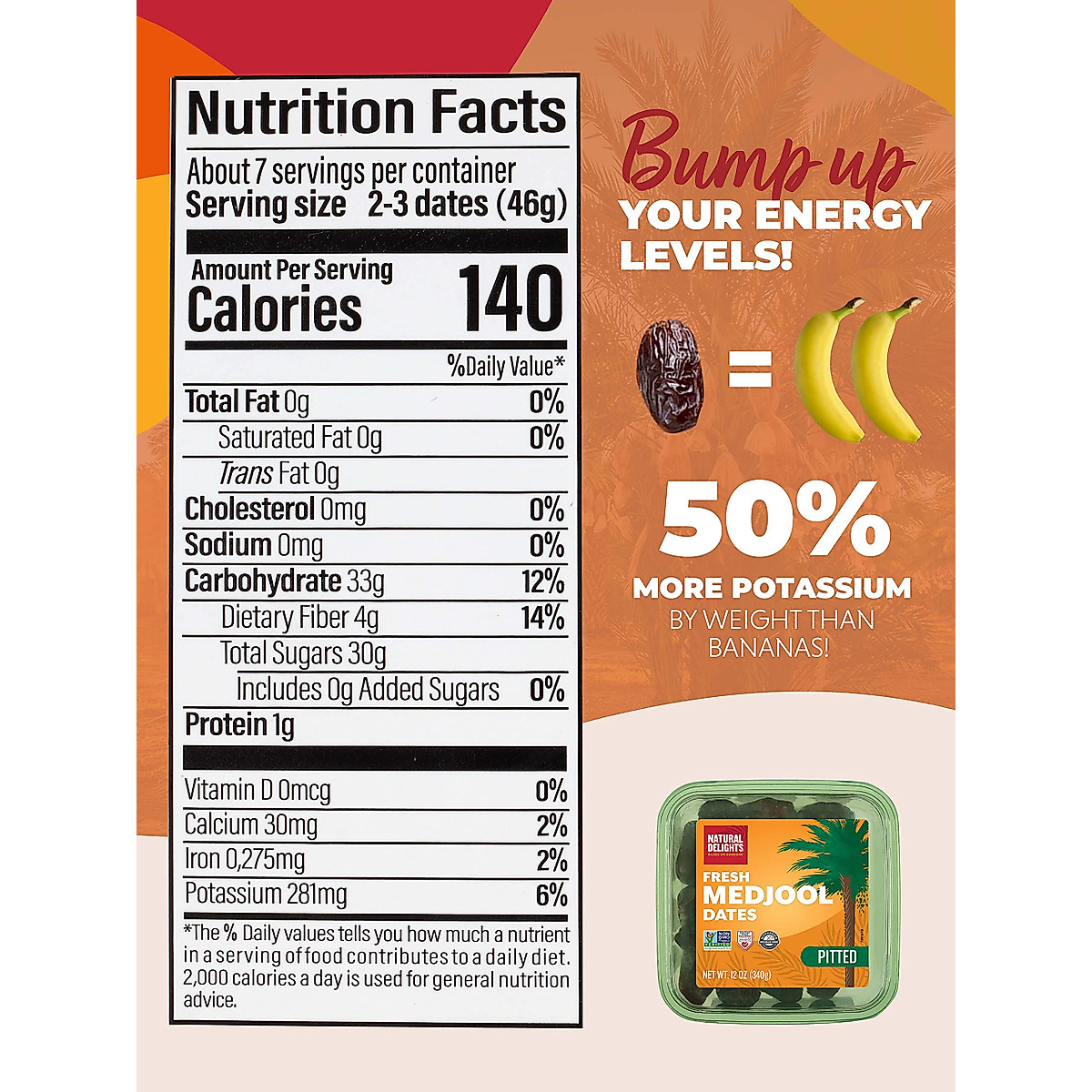 Natural Delights Medjool Dates – Large & Plump, Pitted Dates Medjool, Non-GMO Verified, Pesticide Free, Naturally Sweet Fruit Snack, Perfect for On-the-Go - Medjool Dates Pitted, 12 oz Container