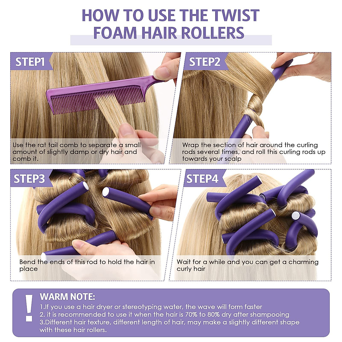 60 Pieces Flexible Curling Rods and Hair Curlers Rollers Set - Twist Rods for Long and Short Hair, No Heat Required (Purple, 0.3 x 9.5 Inch)