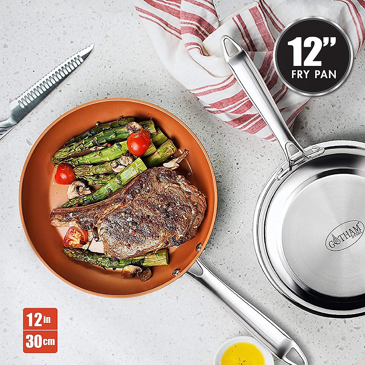 Gotham Steel Stainless Steel Premium 12” Frying Pan, Triple Ply Reinforced with Super Nonstick Ti- Cerama Copper Coating and Induction Capable Encapsulated Bottom – Dishwasher Safe