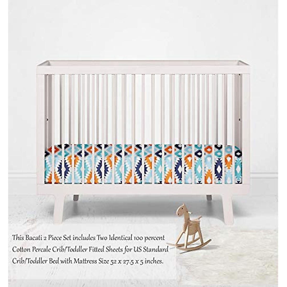 Bacati Liam Aztec Kilim Cotton Percale Crib/Toddler Bed Fitted Sheets 2 Piece, Aqua/Orange/Navy