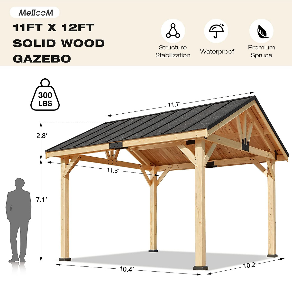 LSKTGA Gazebos, 11x12 FT Solid Wood Patio Gazebo Small wood pergola with Waterproof Asphalt Roof, Outdoor Permanent Hardtop Gazebo Canopy for Patio, Garden, Backyard