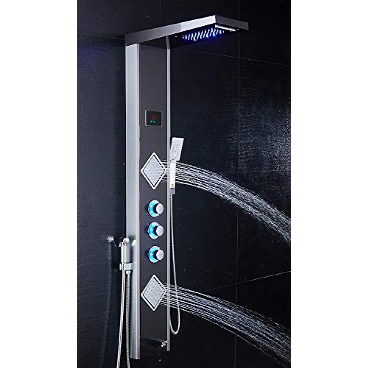 ELLO&ALLO LED Shower Panel Tower System,Rainfall Waterfall Shower Faucet Fixtures Bathroom Rain Massage System with Body Jets Brushed Nickel and Black
