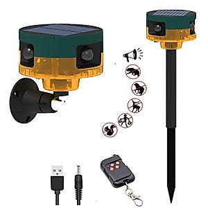HULPPRE Solar Outdoor Motion Sensor Alarm-Dog Barking&Gunshot Sound,130db Loud Noise Maker,Support Recording,13 Kinds of Sound Strobe Light with USB,Say Goodbye to The Intruders