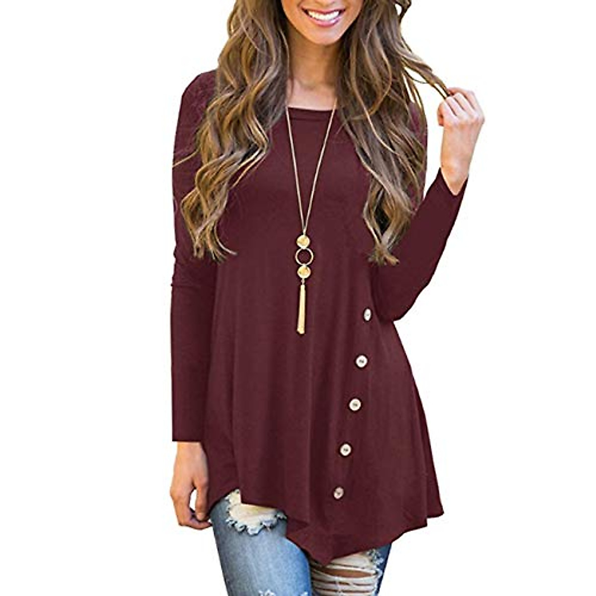 Miskely Women's Long Sleeve Casual Scoop Neck Tees Button Side Shirt Blouse Tunic Top (XL,Wine)