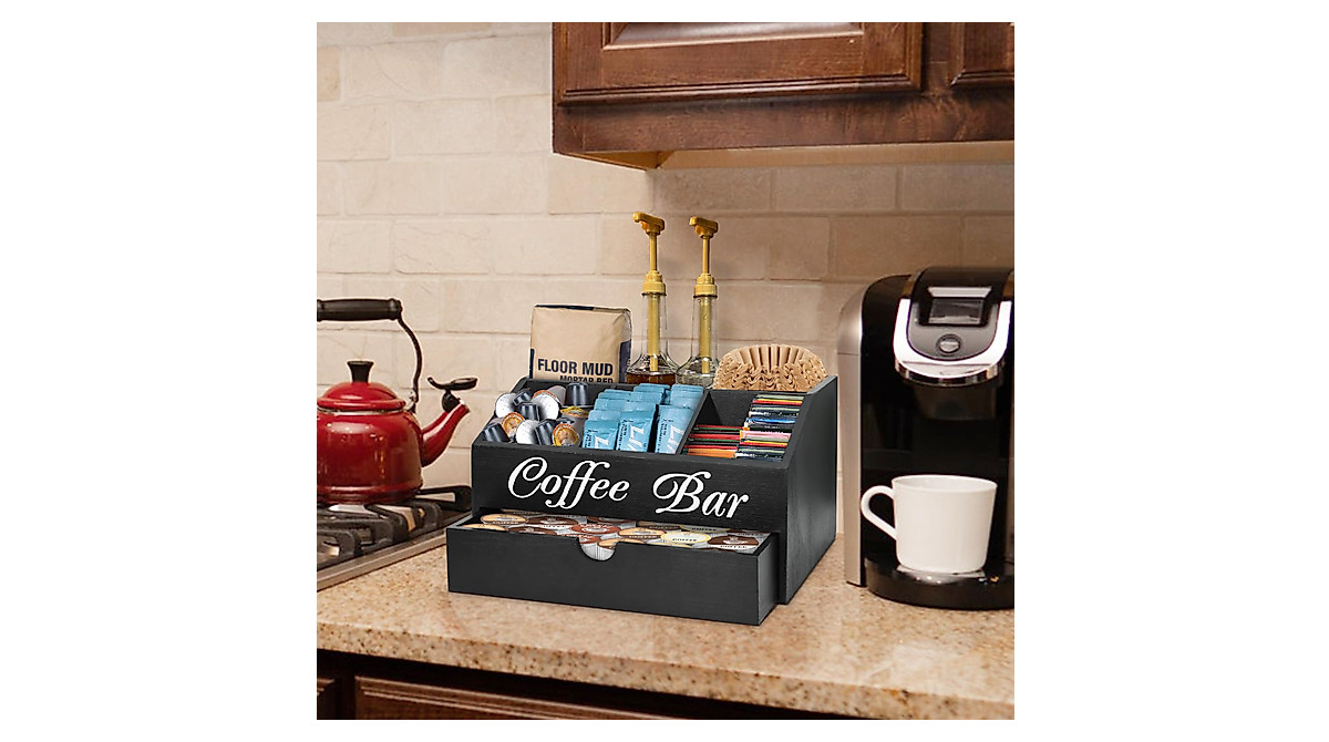 Wooden Coffee Bar Organizer with Drawer for Kitchen & Office